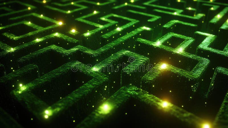 Magical Green Tangled Maze with Glowing Lights. Stock Illustration ...