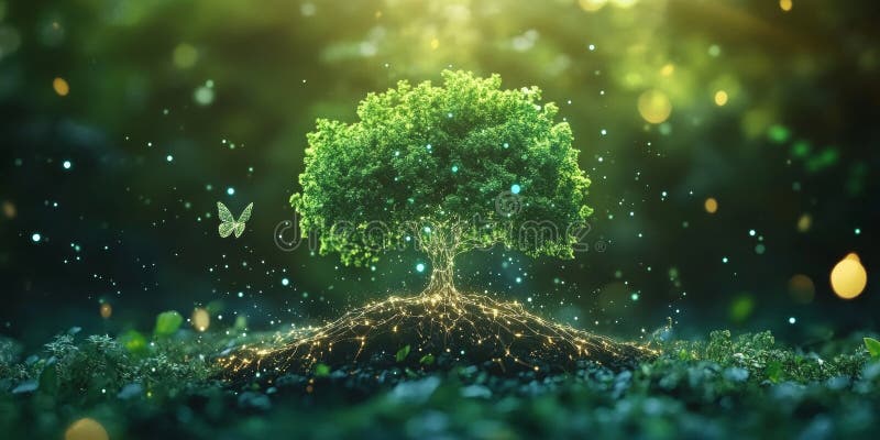 Magical Green Tree with Digital Neuron Roots in Forest, Nature and ...