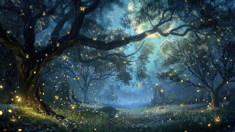 Magical Grove with Fireflies Generated by AI Stock Illustration ...