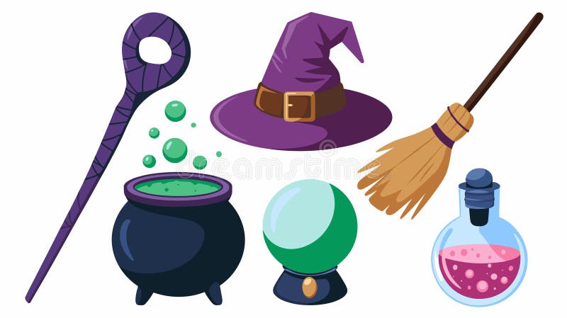 Magical Halloween Elements: Potion, Hat, Wand, Broom, and Crystal Ball ...