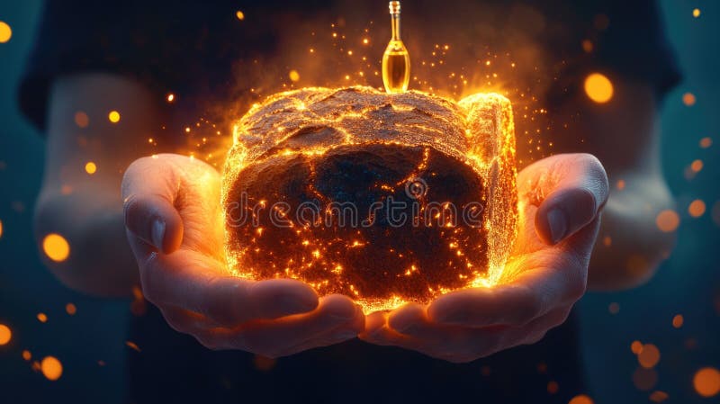 Magical Hands Holding Glowing Bread with Tiny Bottle Dripping Liquid ...