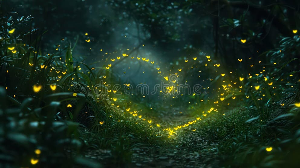 Magical Heart of Fireflies in a Forest Glow Stock Illustration ...
