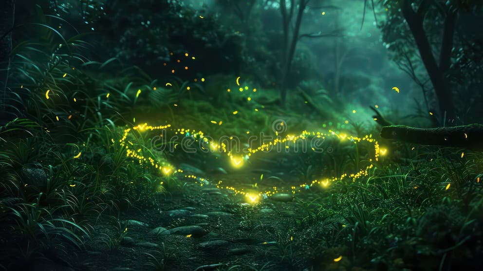 Magical Heart of Fireflies in a Forest Glow Stock Illustration ...