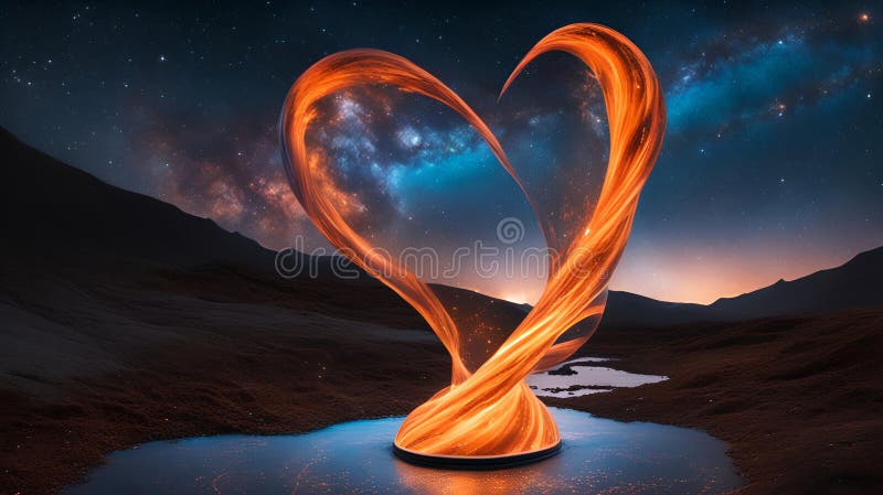 Magical Heart-shaped Fire Dance Against a Starry Night Sky with Milky ...