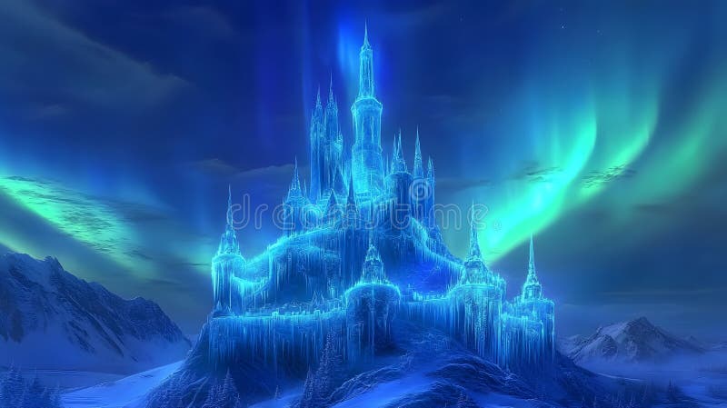 Magical Ice Castle Under Aurora Lights, Fantasy Landscape Stock ...