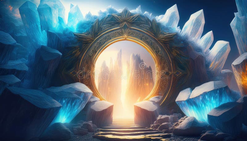 A Magical Ice Portal Surrounded by Glowing Blue Crystals in a Fantasy ...