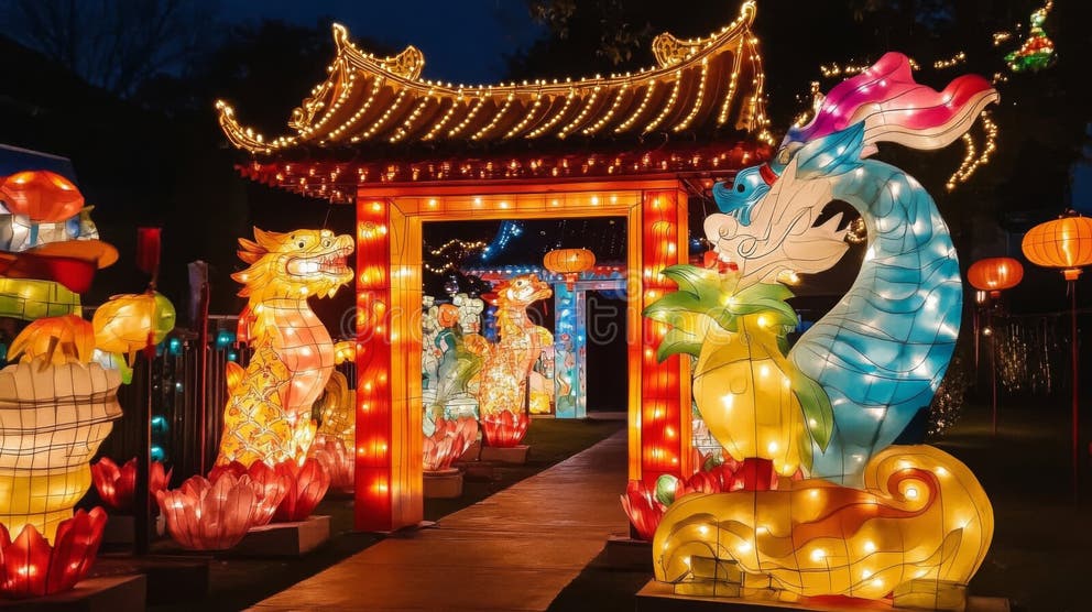Magical Illuminated Pathway with Glowing Lanterns and Mythical ...