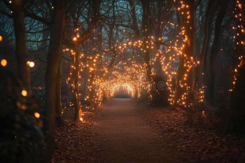 Magical Illuminated Pathway through Trees, Enchanting Lights, Serene ...