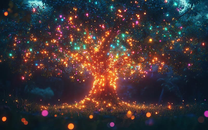 A Tree Lit Up with Colorful Lights Glowing Brightly in the Dark Stock ...