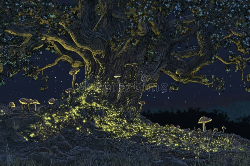 A Magical Illustration of an Ancient Oak Tree with Bioluminescent Moss ...