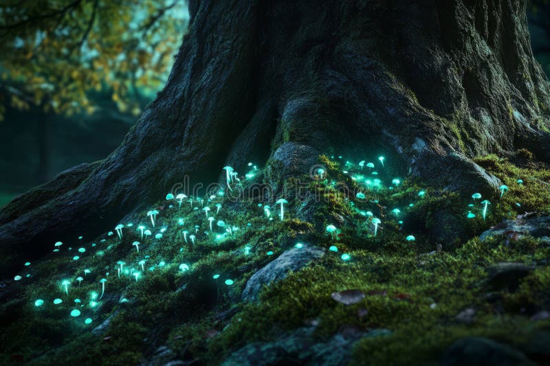A Magical Illustration of an Ancient Oak Tree with Bioluminescent Moss ...