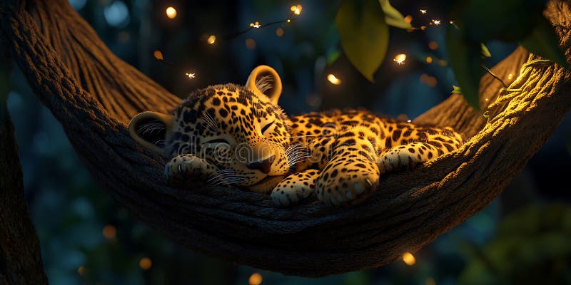 Magical Jaguar Cub Sleeping in Tree Branch Stock Illustration ...