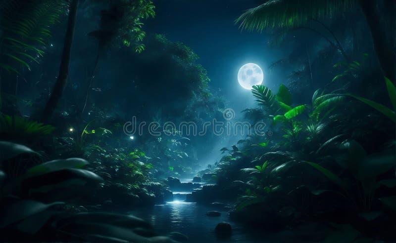 The Magical Jungle with Moonlight, Generative AI Illustration Stock ...