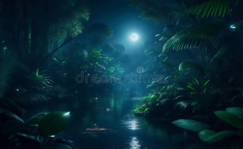 The Magical Jungle with Moonlight, Generative AI Illustration Stock ...