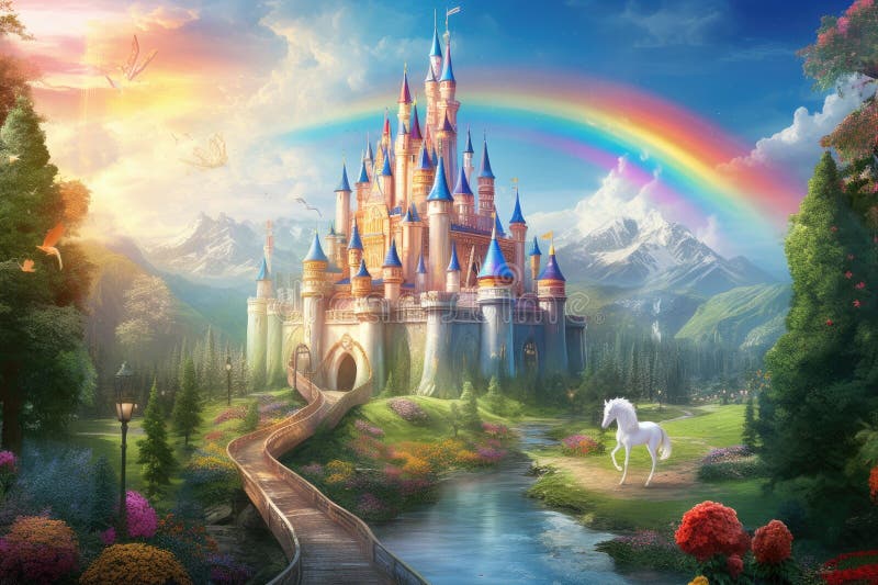 Magical Kingdom with Castles, Rainbows, and Glittering Unicorns Stock ...