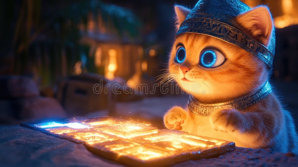 Magical Kitten Playing with Glowing Blocks in Enchanted Evening Setting ...