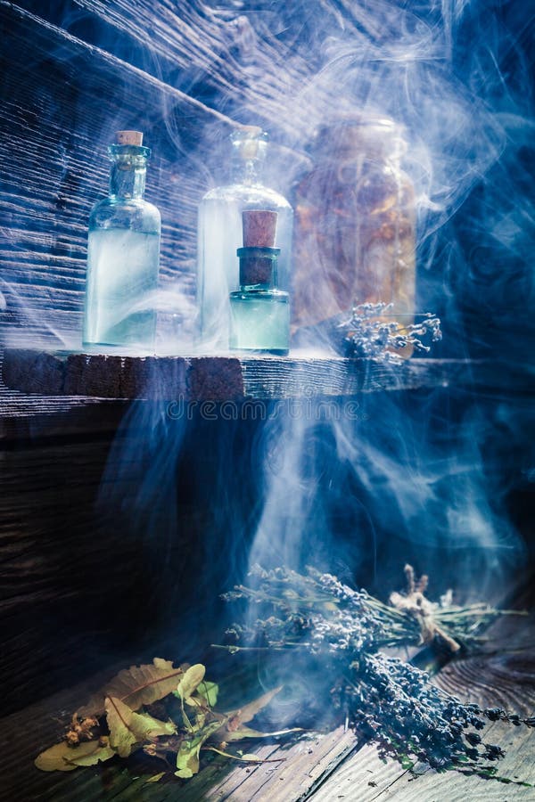 Magical Lab with Blue Light and Potion for Halloween Stock Photo ...