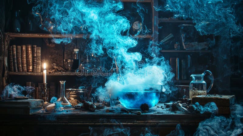 Magical Laboratory Scene with Blue Smoke and Potion Brewing Stock Photo ...
