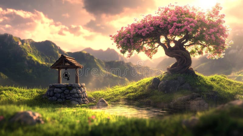 Magical Landscape with Tree Well and Mountain Backdrop at Sunset Stock ...