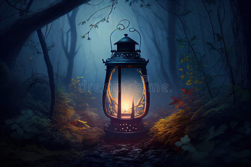 Magical Lantern Surrounded by Misty Forest, Shining in the Darkness ...