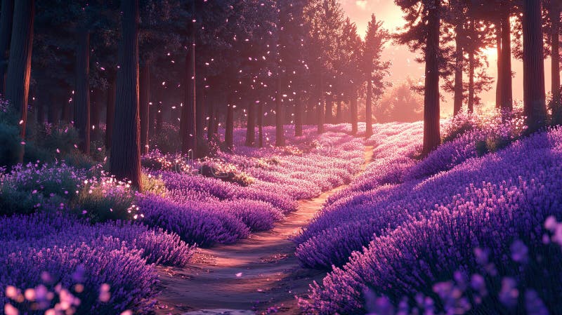Magical Lavender Forest Path at Sunset Stock Photo - Image of trees ...