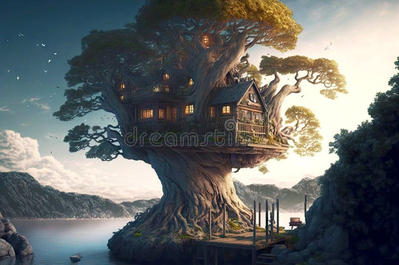 Magical Levitating Tree House in Your Imagination Stock Photo - Image ...