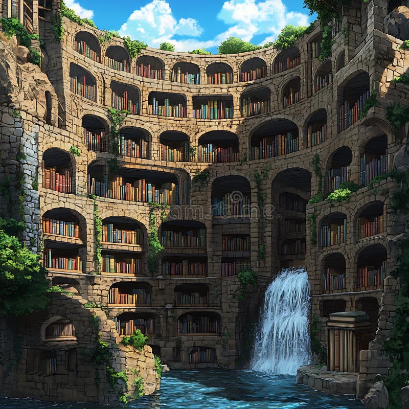 A Magical Library Built into a Cliffside with a Waterfall Stock ...