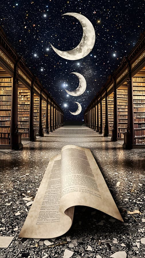 Magical Library with Floating Moons Stock Illustration - Illustration ...