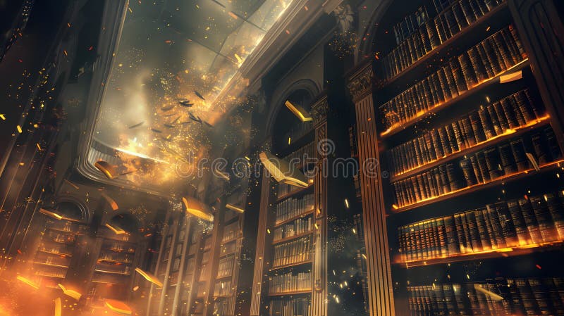 Magical Library with Flying Books and Glowing Scrolls Stock ...