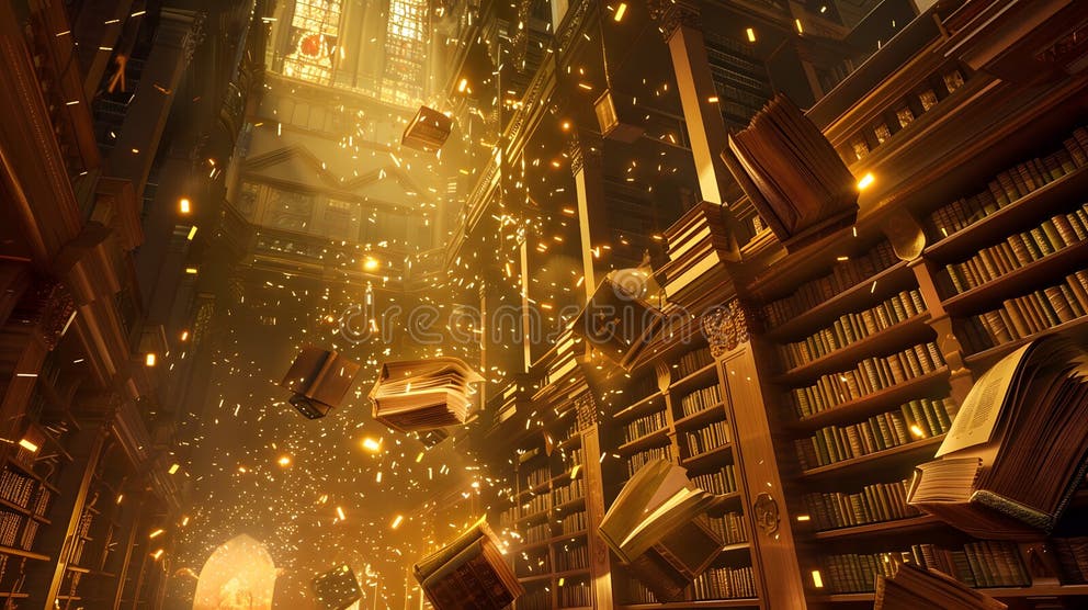 Magical Library with Flying Books and Glowing Scrolls Stock ...