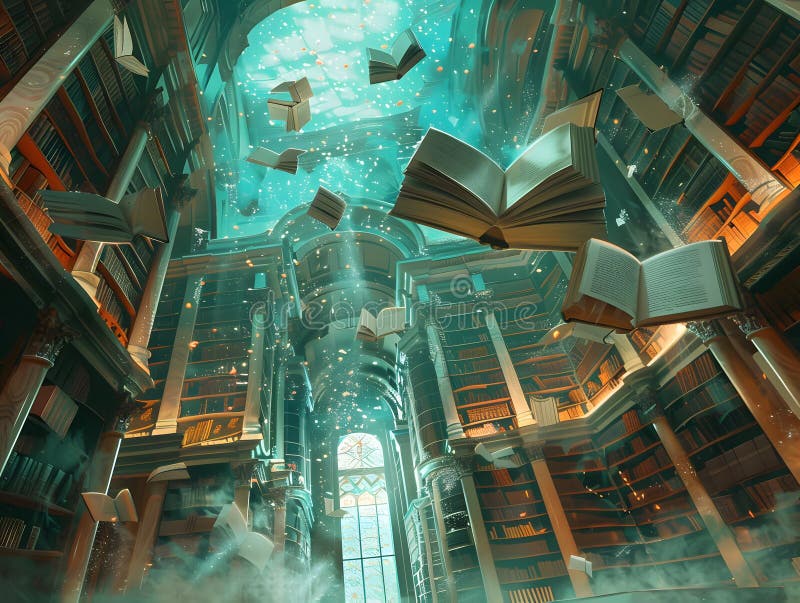 Magical Library with Flying Books and Glowing Scrolls Stock ...