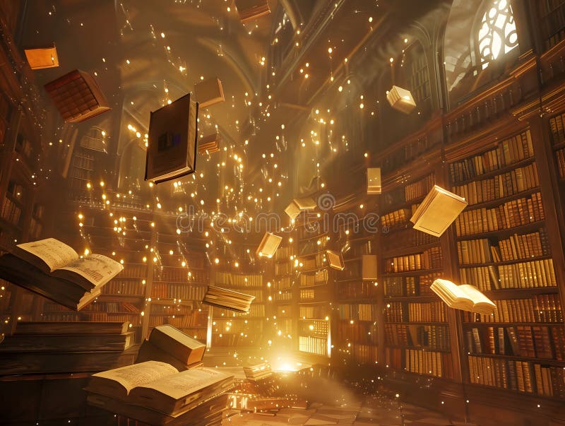 Magical Library with Flying Books and Glowing Scrolls Stock ...
