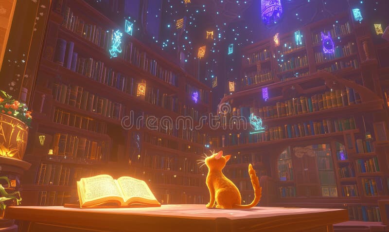 Magical Library with Glowing Books and a Curious Cat Exploring ...