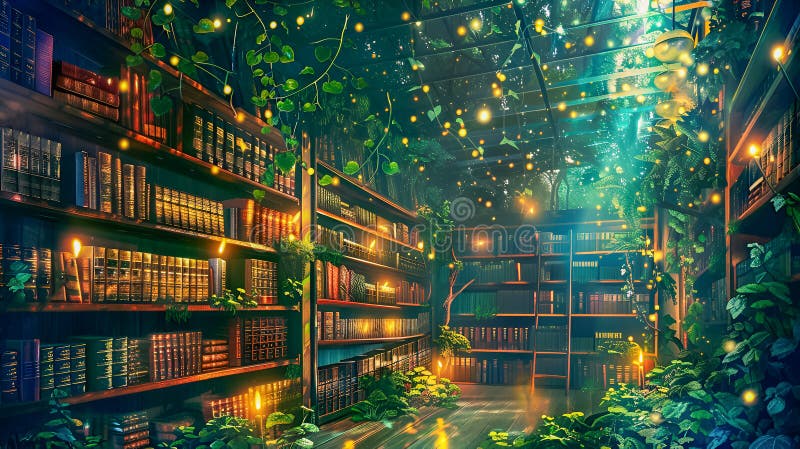 Mystical Library with Lights Stock Image - Image of library, magic ...