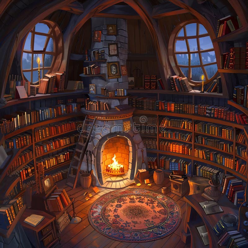 A Cozy, Warmly Lit Library within a Castle Turret, Filled with ...