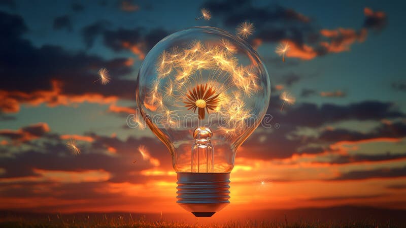 A Magical Light Bulb, Containing Floating Dandelion Seeds Against ...