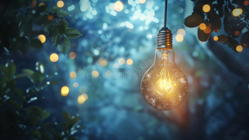Magical Light Bulb Hanging in Enchanted Forest Stock Photo - Image of ...