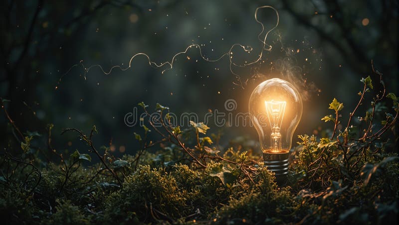 A Magical Light Bulb Surrounded by Lush Greenery and Mist Creating a ...