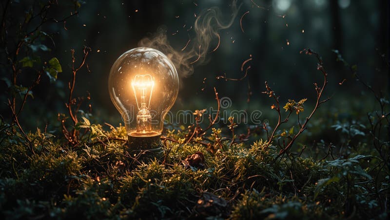 A Magical Light Bulb Surrounded by Lush Greenery and Mist Creating a ...
