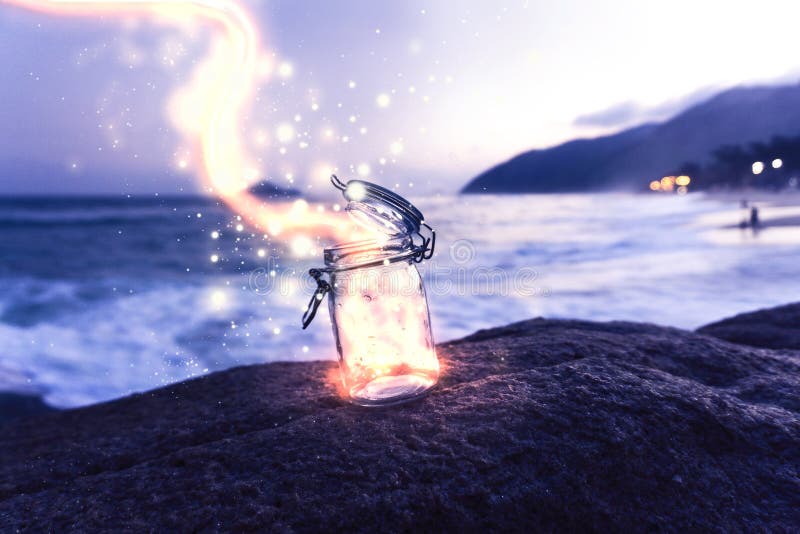 Magical Light Coming Out of Mason Jar Stock Image - Image of dusk ...