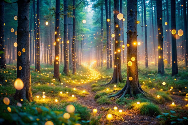 Magical Lights Sparkling in Forest at Night Stock Illustration ...