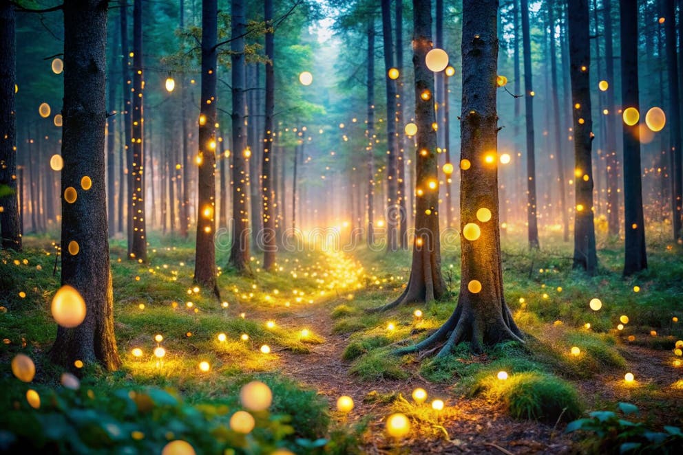 Magical Lights Sparkling in Forest at Night Stock Illustration ...