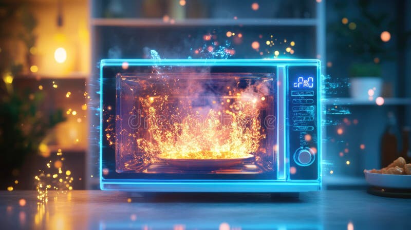 Magical Microwave with Plate of Fiery Sparks in Futuristic Kitchen ...