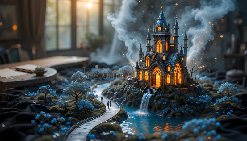 Magical Miniature Castle with Waterfall and Figures on Winding Path ...