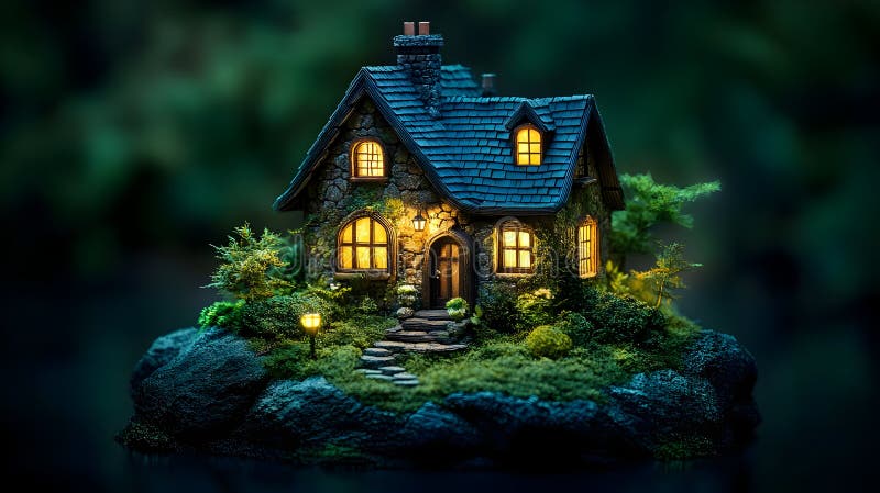 Magical Miniature Cottage on Small Island with Illuminated Windows Lush ...