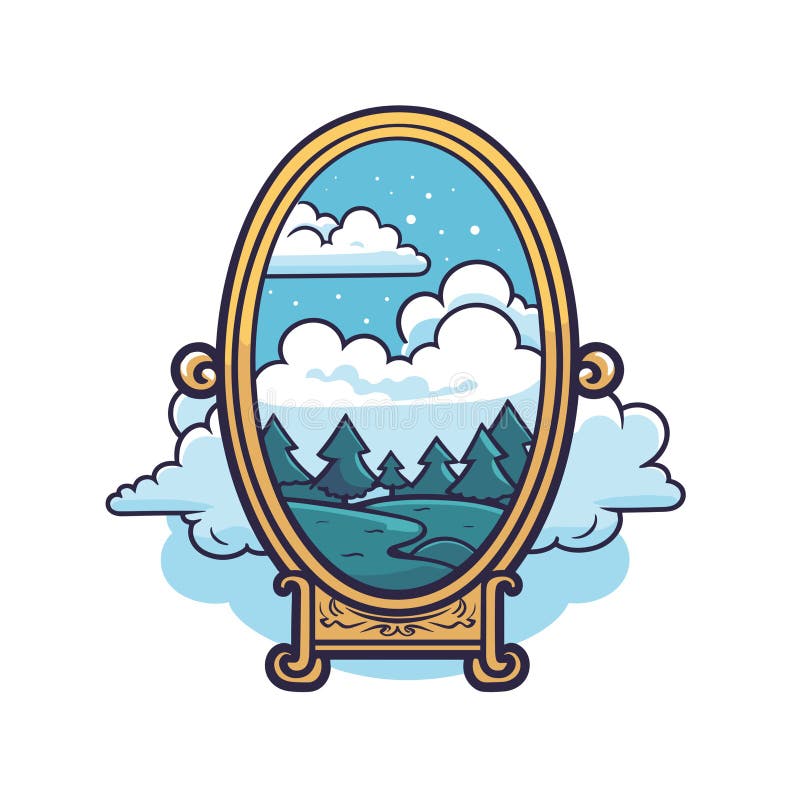 Magical Mirror Reflecting Enchanted Forest with Clouds and Stars Stock ...