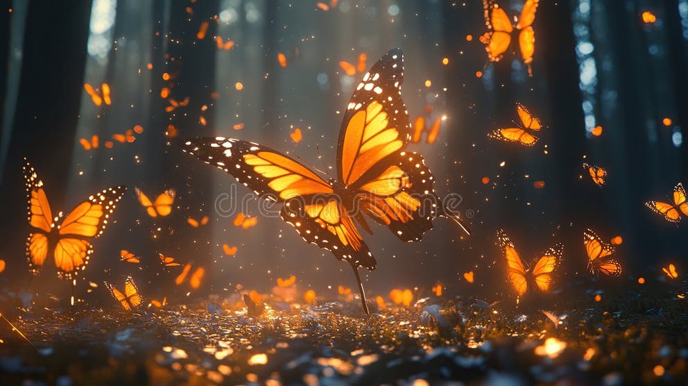 Magical Monarch Butterflies Flutter in an Enchanted Forest Stock Photo ...