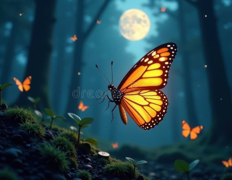 Magical Monarch Butterfly in Moonlit Forest Stock Illustration ...
