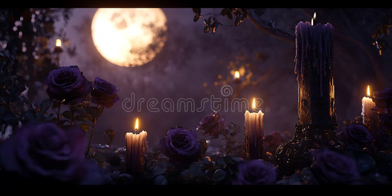 Magical Moonlight Enchanting Night Scene with Candles and Roses Stock ...