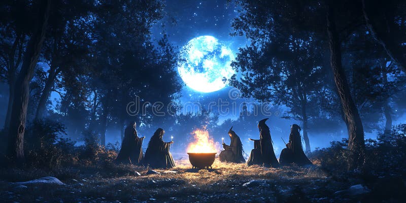 Magical Moonlight Night Campfire Under the Full Moon Stock Illustration ...